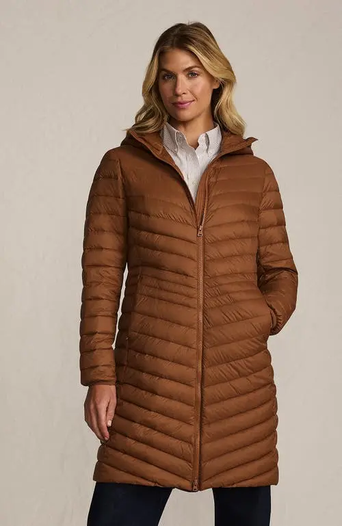 LANDS' END Ultralight Packable Long Down Coat - Rich Ginger Brown