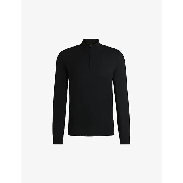 BOSS Zip-neck Regular-fit Wool-knitted Jumper - Black