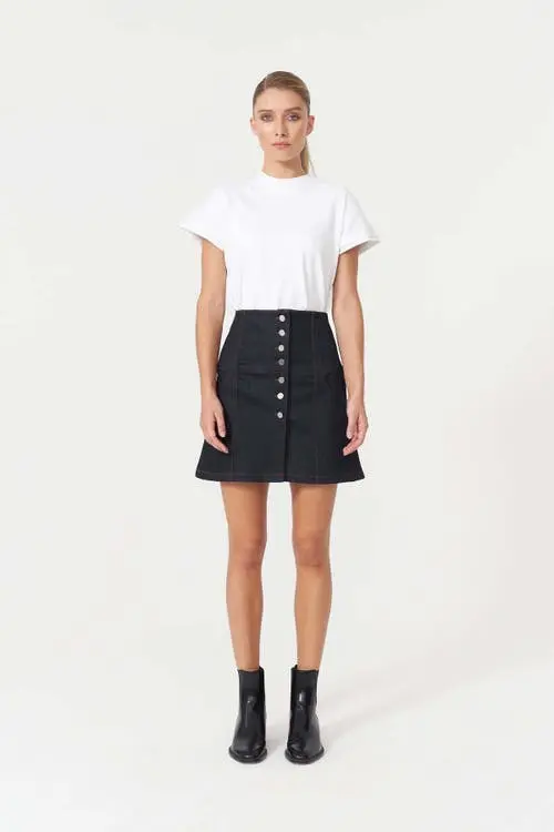 JENDUE Chaby Denim Mini Skirt With Button-front And Contrast Stitching - Deep Blue