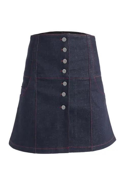 JENDUE Chaby Denim Mini Skirt With Button-front And Contrast Stitching - Deep Blue