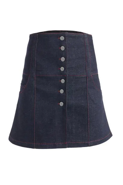 JENDUE Chaby Denim Mini Skirt With Button-front And Contrast Stitching - Deep Blue