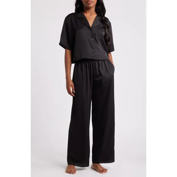 OPEN EDIT Boxy Everyday Satin Pajamas - Black