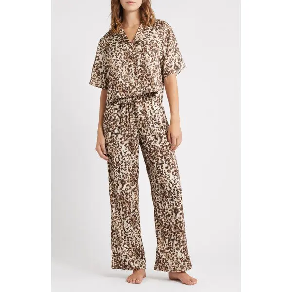 OPEN EDIT Boxy Everyday Satin Pajamas - Tan Mixed Animal