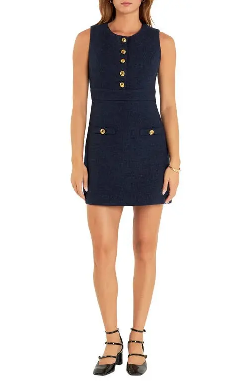 English Factory Golden Button Sleeveless Tweed Minidress - Navy