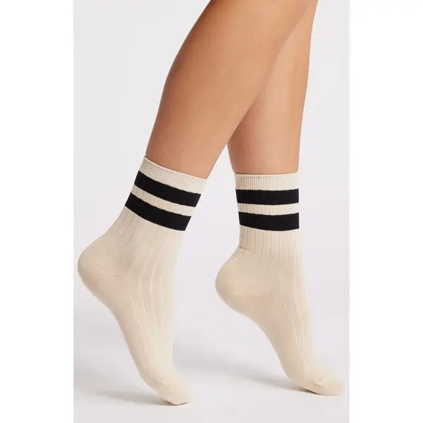 LE BON SHOPPE Her Varsity Cotton Blend Crew Socks - Cream Black