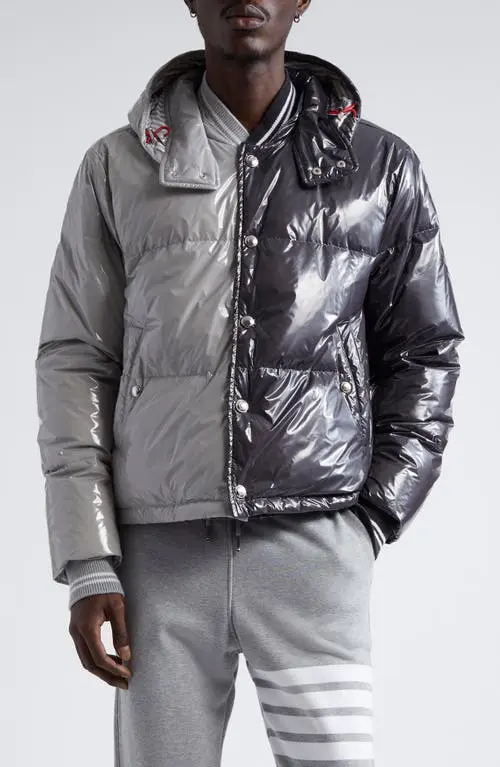 Thom Browne Colorblock Down Puffer Jacket With Removable Hood - Light Grey