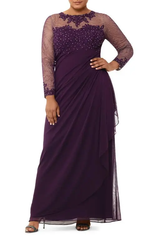 XSCAPE EVENINGS Embellished Illusion Long Sleeve Ruched Gown