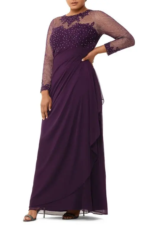 XSCAPE EVENINGS Embellished Illusion Long Sleeve Ruched Gown