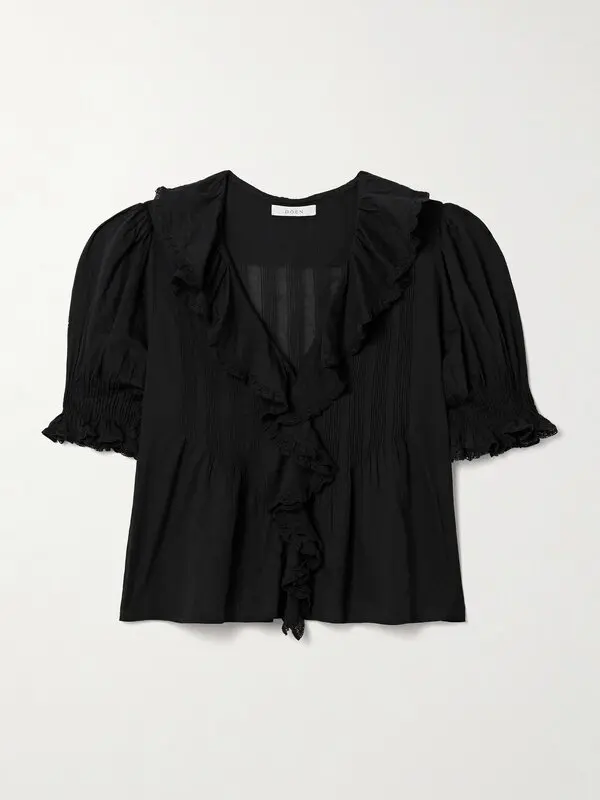 DÔEN Henri Ruffled Pintucked Organic Cotton-voile Top - Black