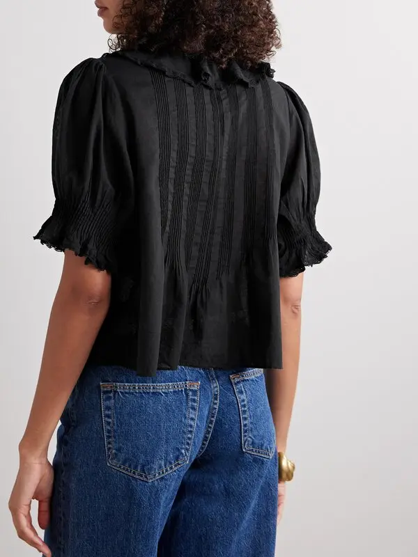 DÔEN Henri Ruffled Pintucked Organic Cotton-voile Top - Black