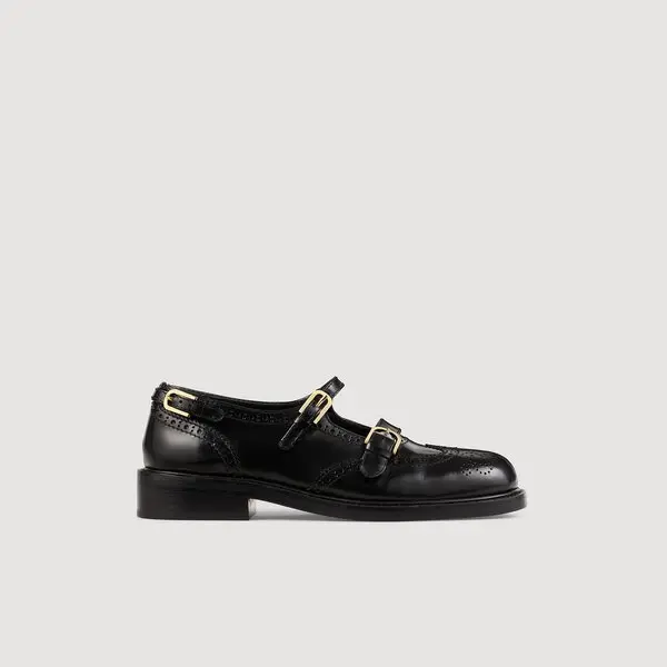 Sandro Leather Mary Jane Loafers With Buckle Straps - Black