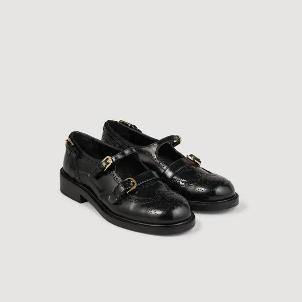 Sandro Leather Mary Jane Loafers With Buckle Straps - Black