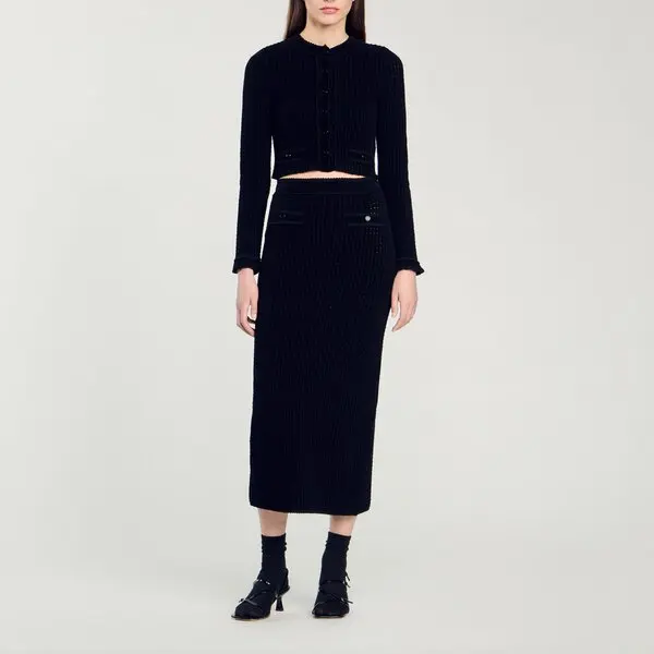 Sandro Velvet Knit Midi Skirt - Black