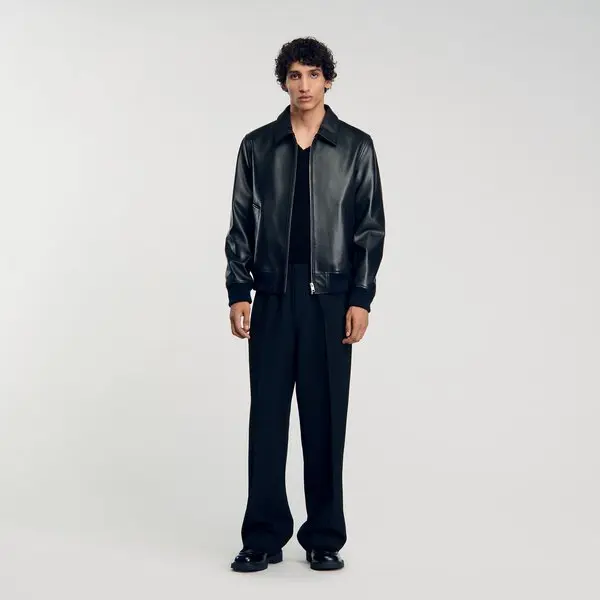 Sandro Plain Leather Zip-up Jacket - Black