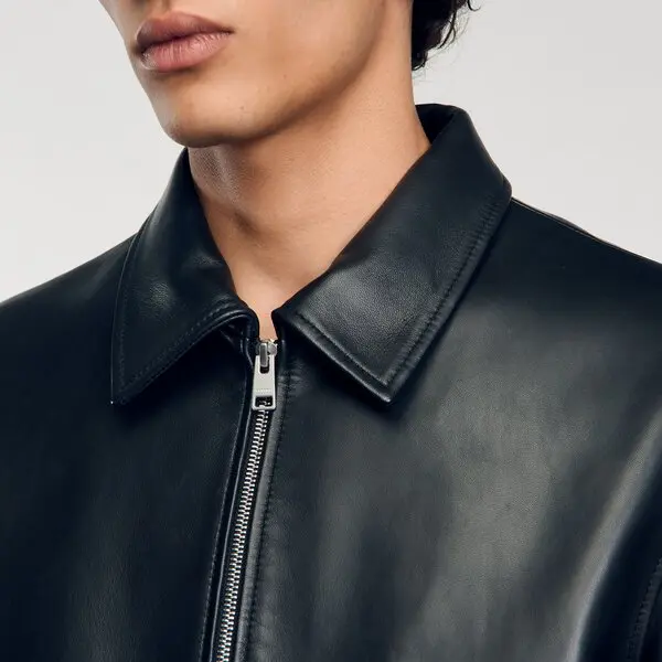 Sandro Plain Leather Zip-up Jacket - Black
