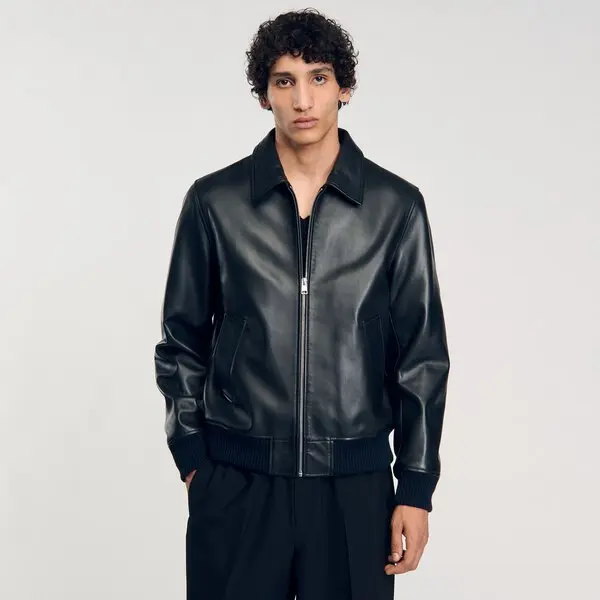 Sandro Plain Leather Zip-up Jacket - Black