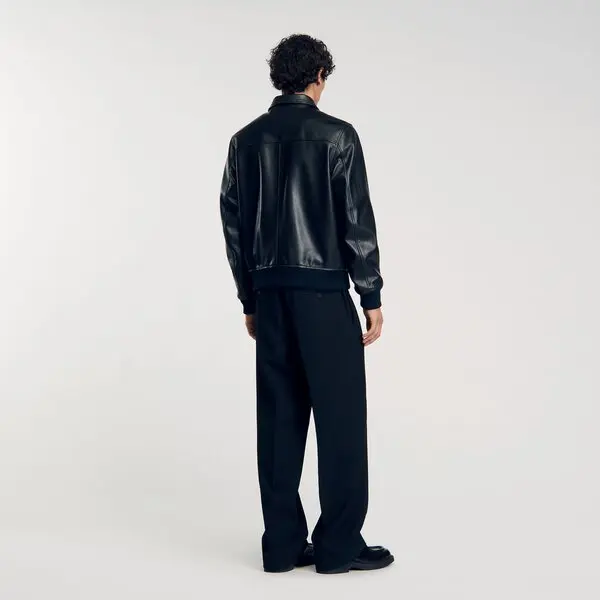 Sandro Plain Leather Zip-up Jacket - Black