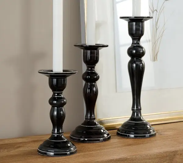 VALERIE PARR HILL As Is S/3 Polished Enamel Pedestal Candle Holders - One-color