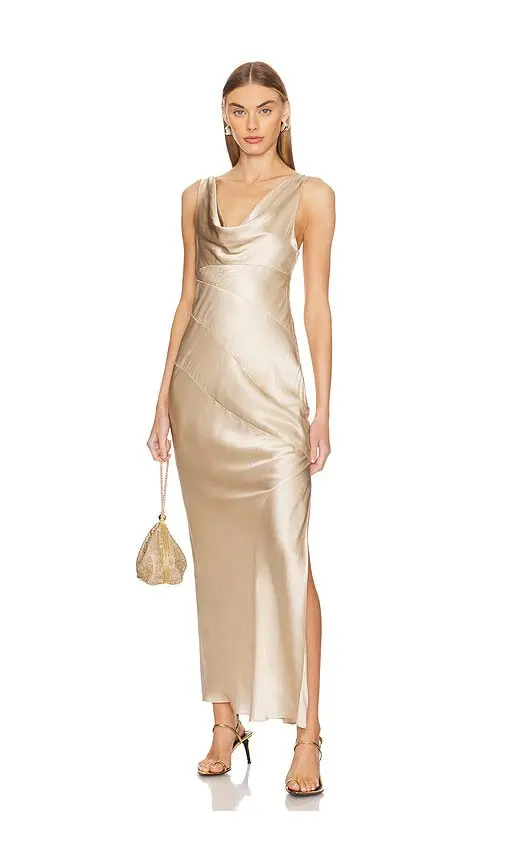 NICHOLAS Sally Cowl Neck Maxi Dress In Metallic Neutral - Pearl