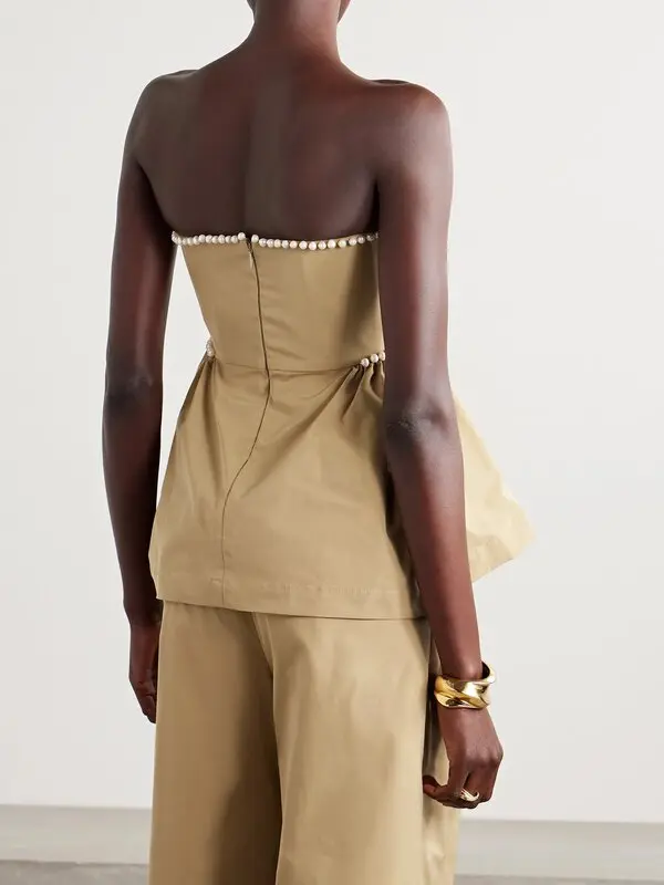 KIKA VARGAS Hebe Faux Pearl-embellished Woven Top - Neutrals