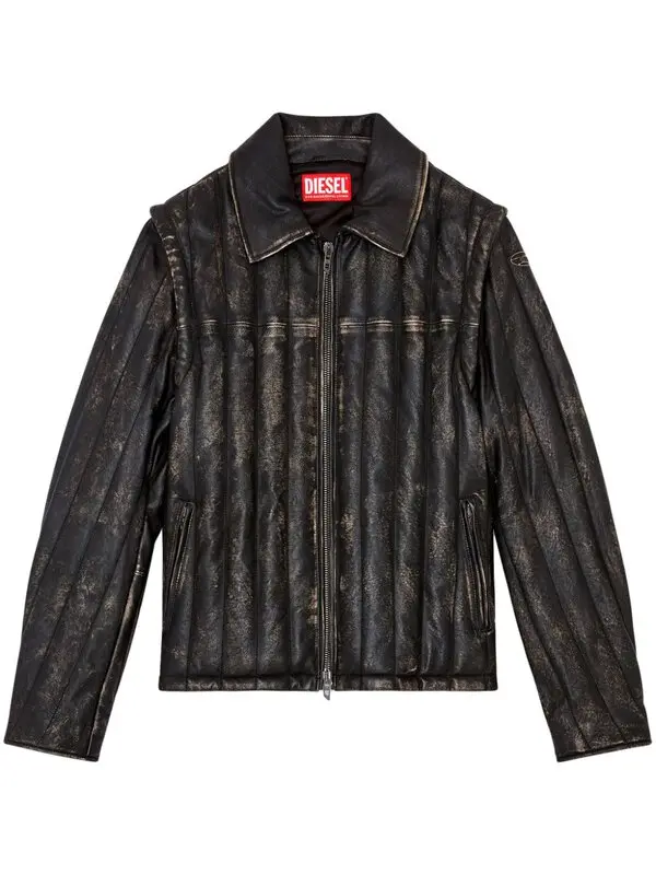 DIESEL® Quilted Effect Distressed Finish Leather Jacket