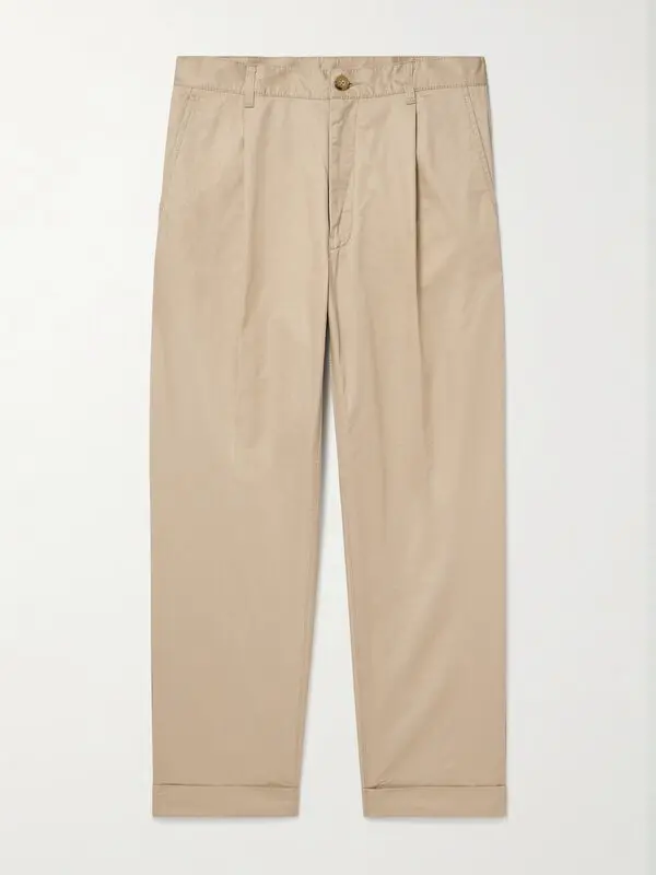 BEAMS Tapered Pleated Cotton-twill Trousers - Neutrals