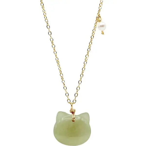 SEREE Choupette Cat Green Jade Pendant Necklace - Light Green