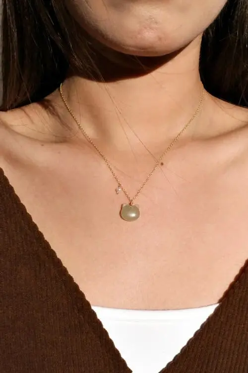 SEREE Choupette Cat Jade Pendant Necklace With Faux Pearl