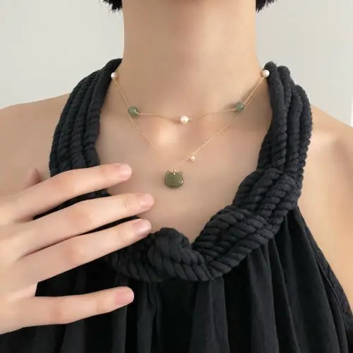 SEREE Choupette Cat Jade Pendant Necklace With Faux Pearl
