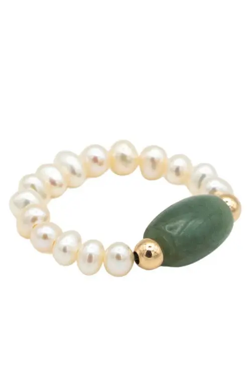 SEREE Isa Jade And Pearl Stretch Ring - Light Green