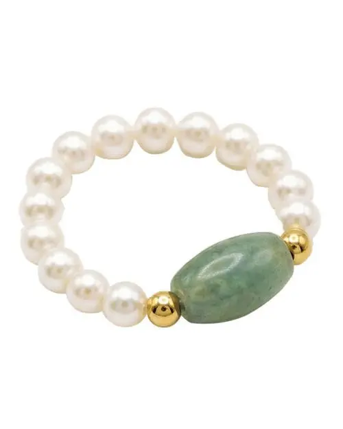 SEREE Isa Jade And Pearl Stretch Ring - Light Green