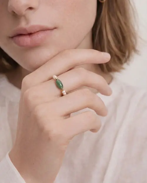 SEREE Isa Beaded Jade And Pearl Ring - Light Green