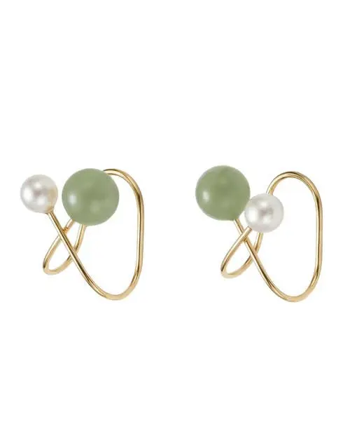 SEREE Colette Jade And Faux Pearl Ear Cuffs - Light Green