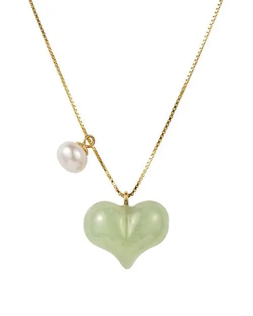 SEREE Puffed Heart Jade And Pearl Pendant Necklace - Light Green
