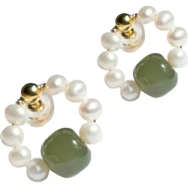 SEREE Isa Beaded Pearl And Jade Hoop Earrings - Light Green