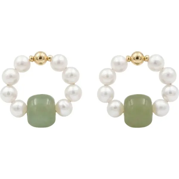 SEREE Isa Beaded Pearl And Jade Hoop Earrings - Light Green