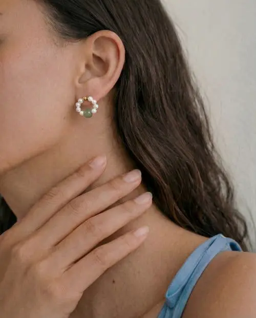 SEREE Isa Beaded Pearl Jade Hoop Earrings - Light Green
