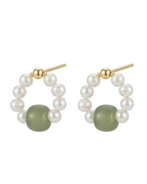 SEREE Isa Beaded Pearl Jade Hoop Earrings - Light Green