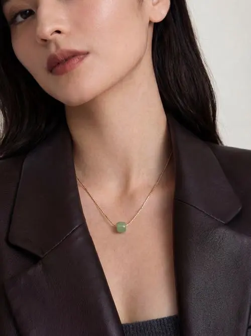 SEREE Beetle Green Bead Jade Necklace With Gold-plated S925 Silver Chain - Light Green