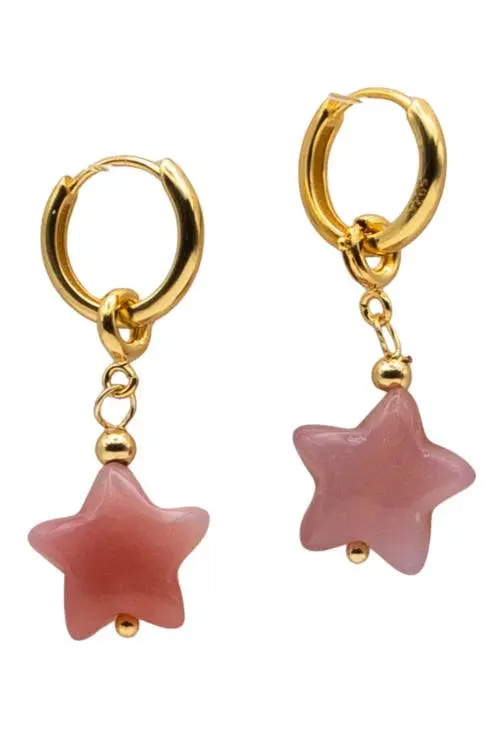 SEREE Harvest Star Jade Stone Charm Hoop Earrings - Pink