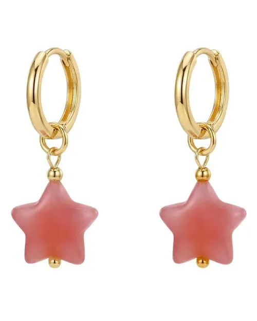 SEREE Harvest Star Jade Stone Charm Hoop Earrings - Pink