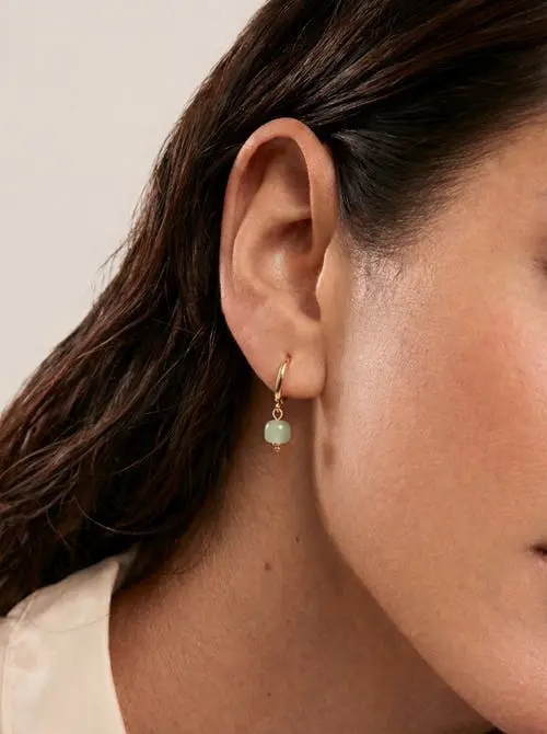 SEREE Berry Small Hoop Earrings With Green Jade Bead - Light Green