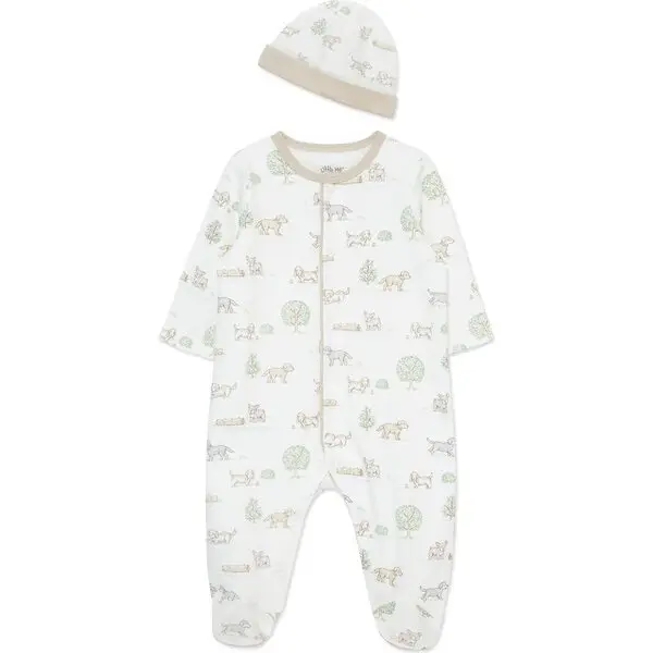 LITTLE ME Puppy Park Cotton Footie & Hat Set - Ivory