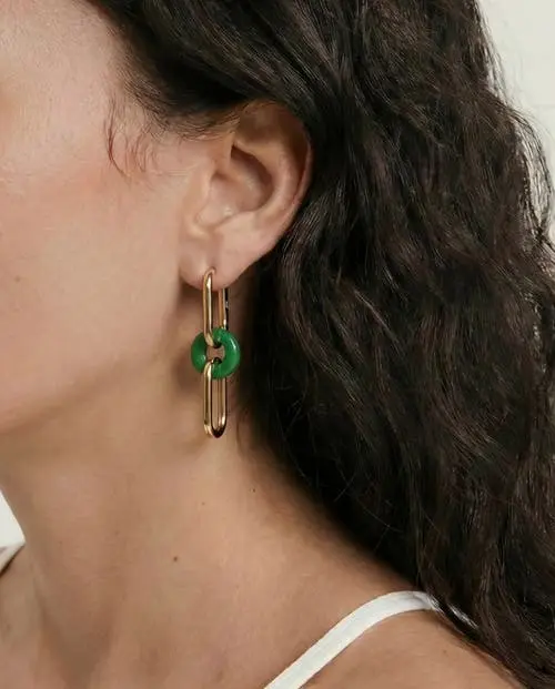 SEREE Della Convertible Link Gold Jade Earrings - Bright Green