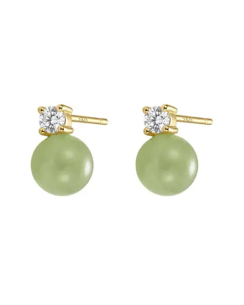 SEREE Esther Jade And Zircon Stud Earrings - Light Green