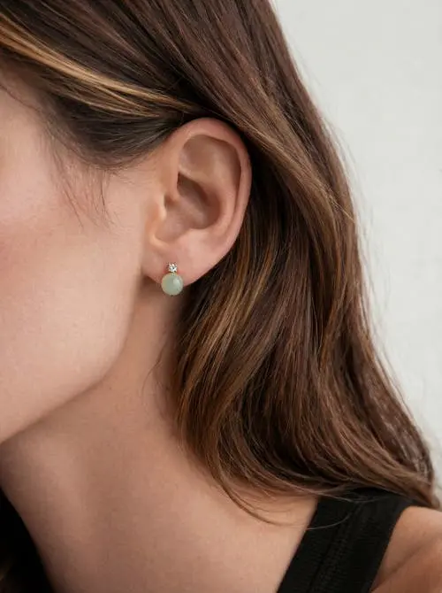SEREE Esther Green Jade Stud Earrings With Zircon - Light Green