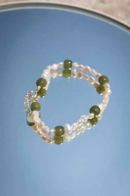 SEREE Isabelle Freshwater Pearl And Green Jade Bracelet - Light Green