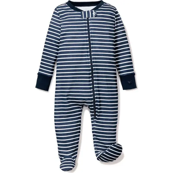 PETITE PLUME Stripe Pima Cotton Zip Footie - Navy