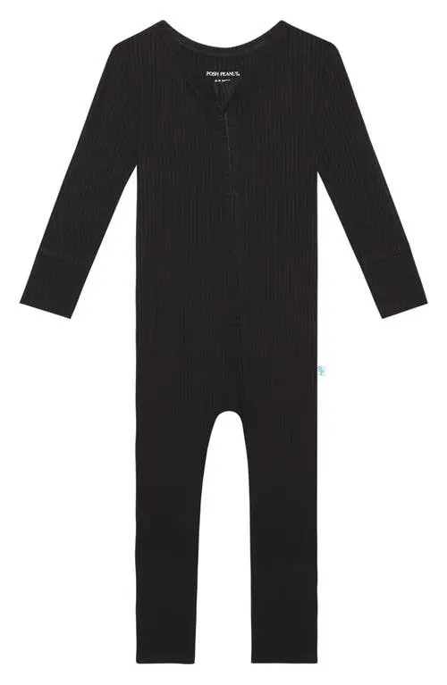 POSH PEANUT Fitted Rib Convertible Footie Pajamas - Black