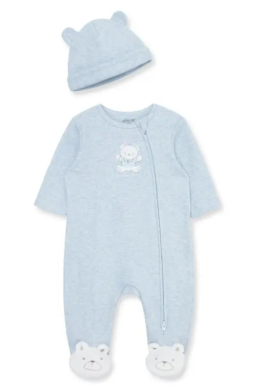 LITTLE ME Bear Cotton Footie And Beanie Set - Blue